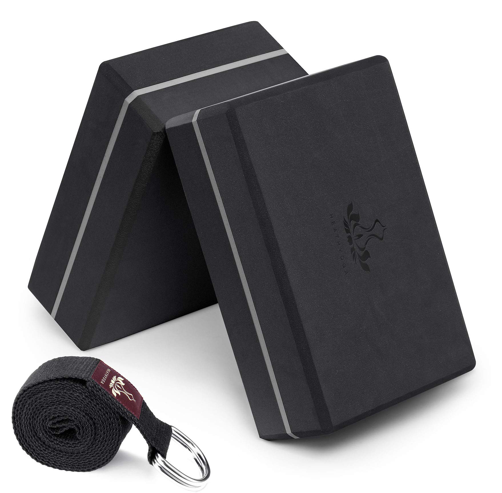 Heathyoga + Yoga Block (2 Pack) and Yoga Strap Set