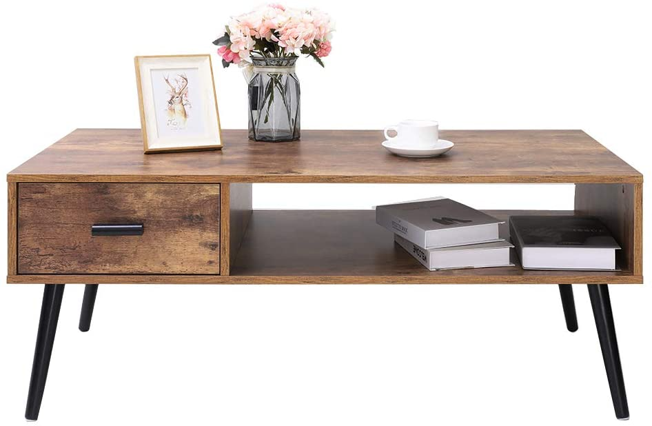 IWELL + Mid-Century Coffee Table With Drawer And Storage Shelf