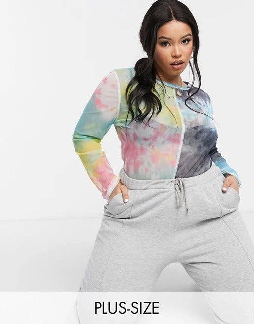 Glamorous Curve + Mix print long sleeve mesh top