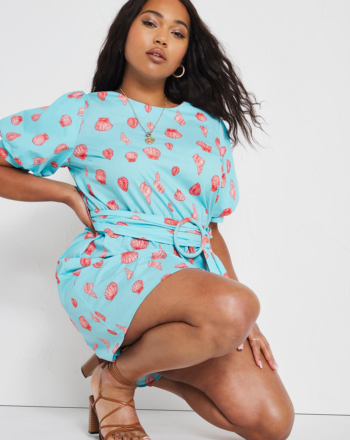 Simply Be + Shell Print Poplin Belted Skater Dress