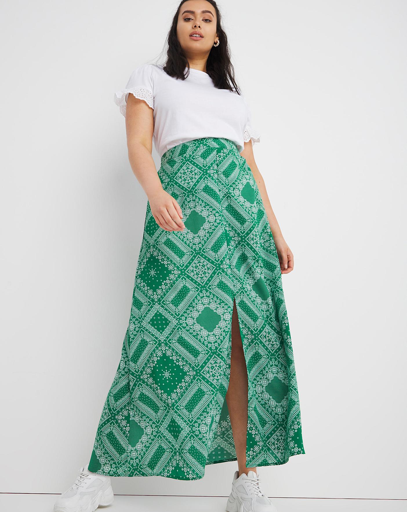 Simply Be + Green Print Split Front Maxi Skirt