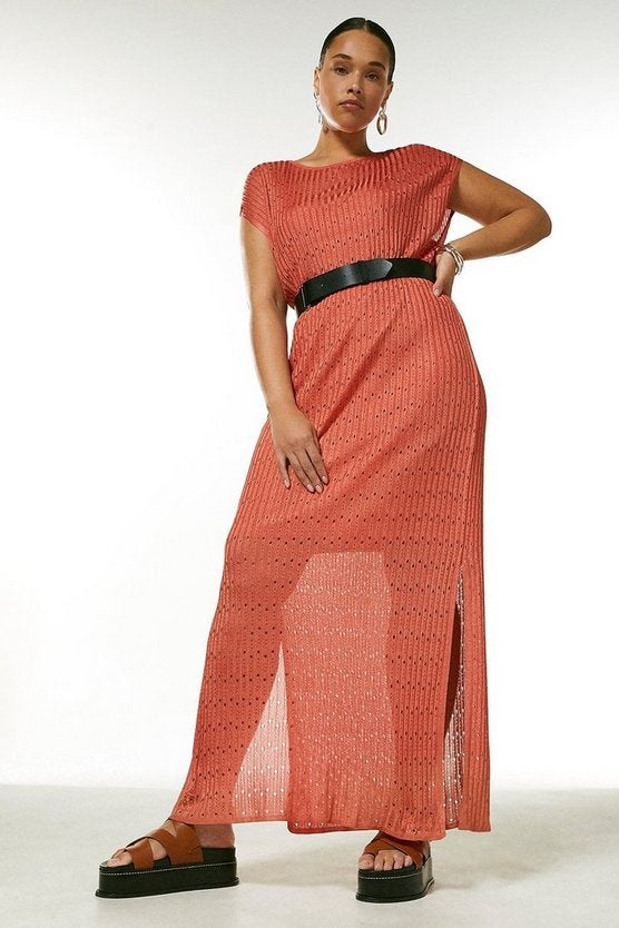 Karen Millen Curve Curve Sheer Knit Pointelle Maxi Dress
