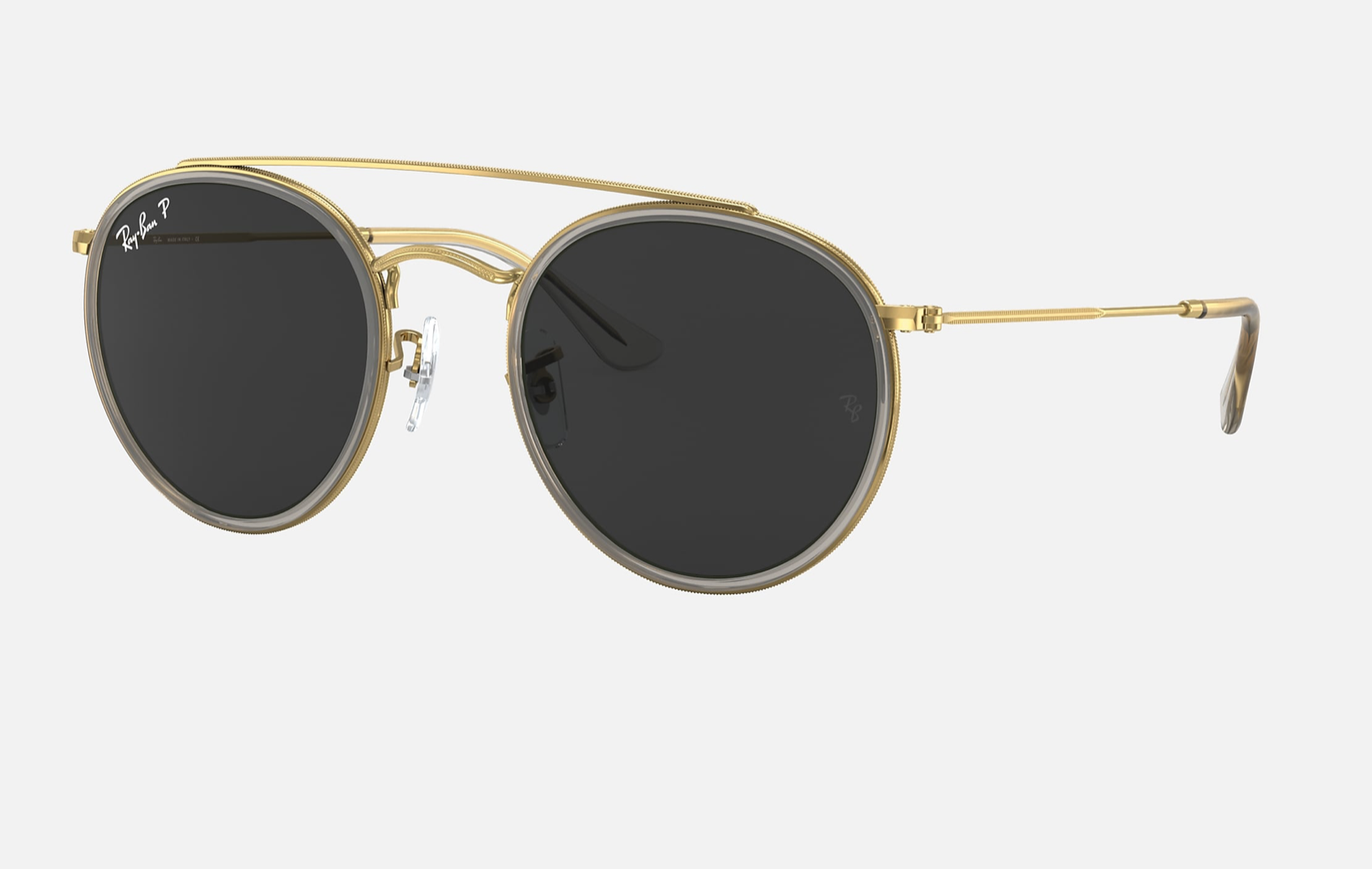 RAY BAN + Round Double Bridge Polarised Shiny Gold Black Classic
