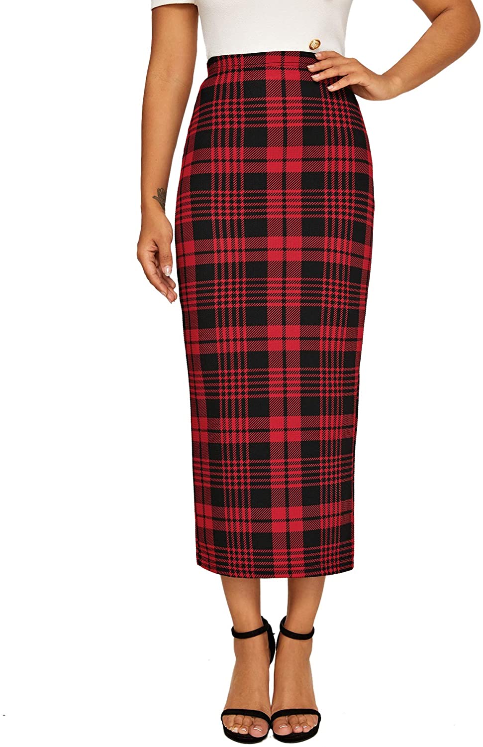 Verdusa + Plaid Elastic Waist Bodycon Midi Skirt