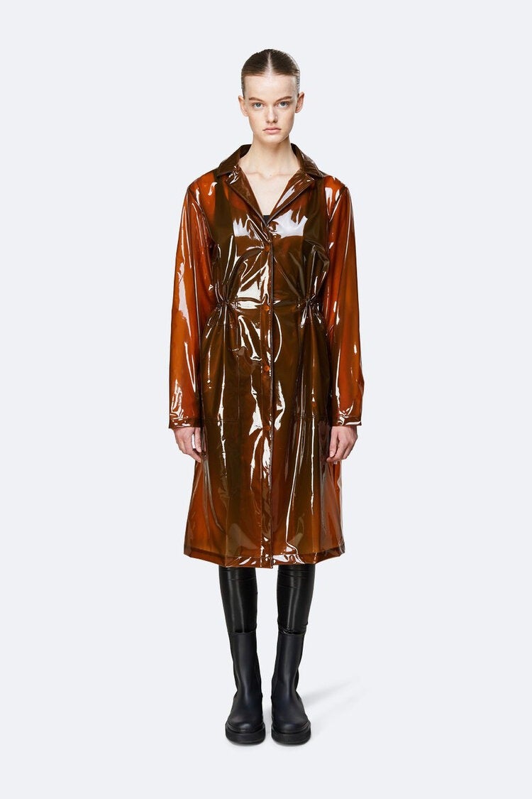 Rains + Transparent string overcoat in shiny amber