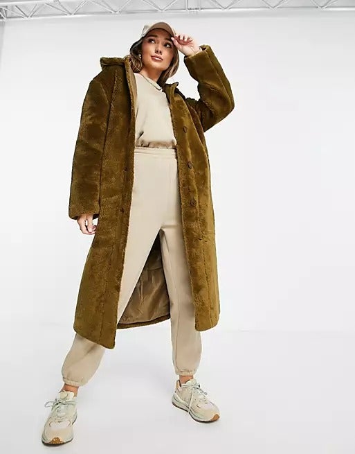 ASOS DESIGN + Borg button through coat in olive