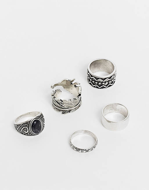 ASOS DESIGN + 5 pack chunky ring set in burnished silver tone