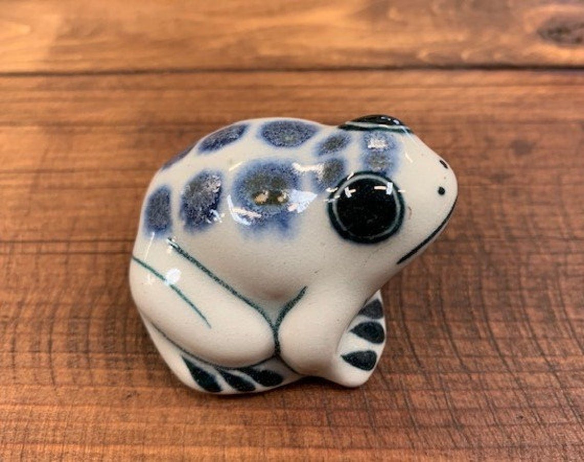 Vintage + Hand-Painted Glazed Stoneware Frog Toad – Blue & White