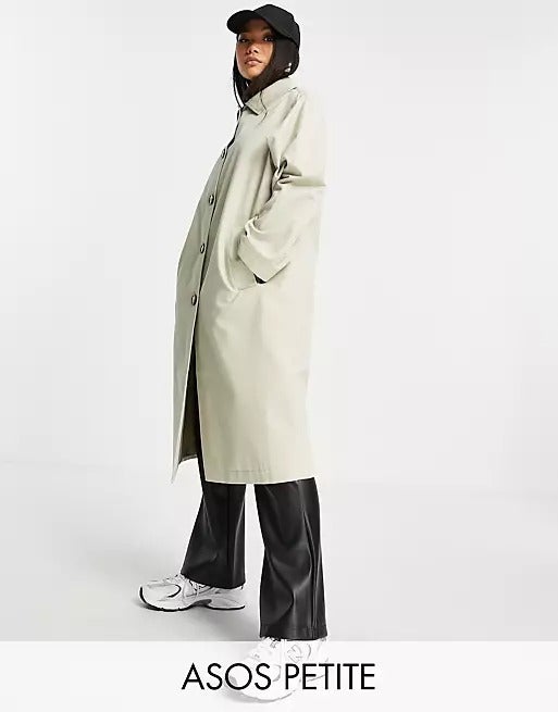 ASOS DESIGN + Petite longline trench coat in stone