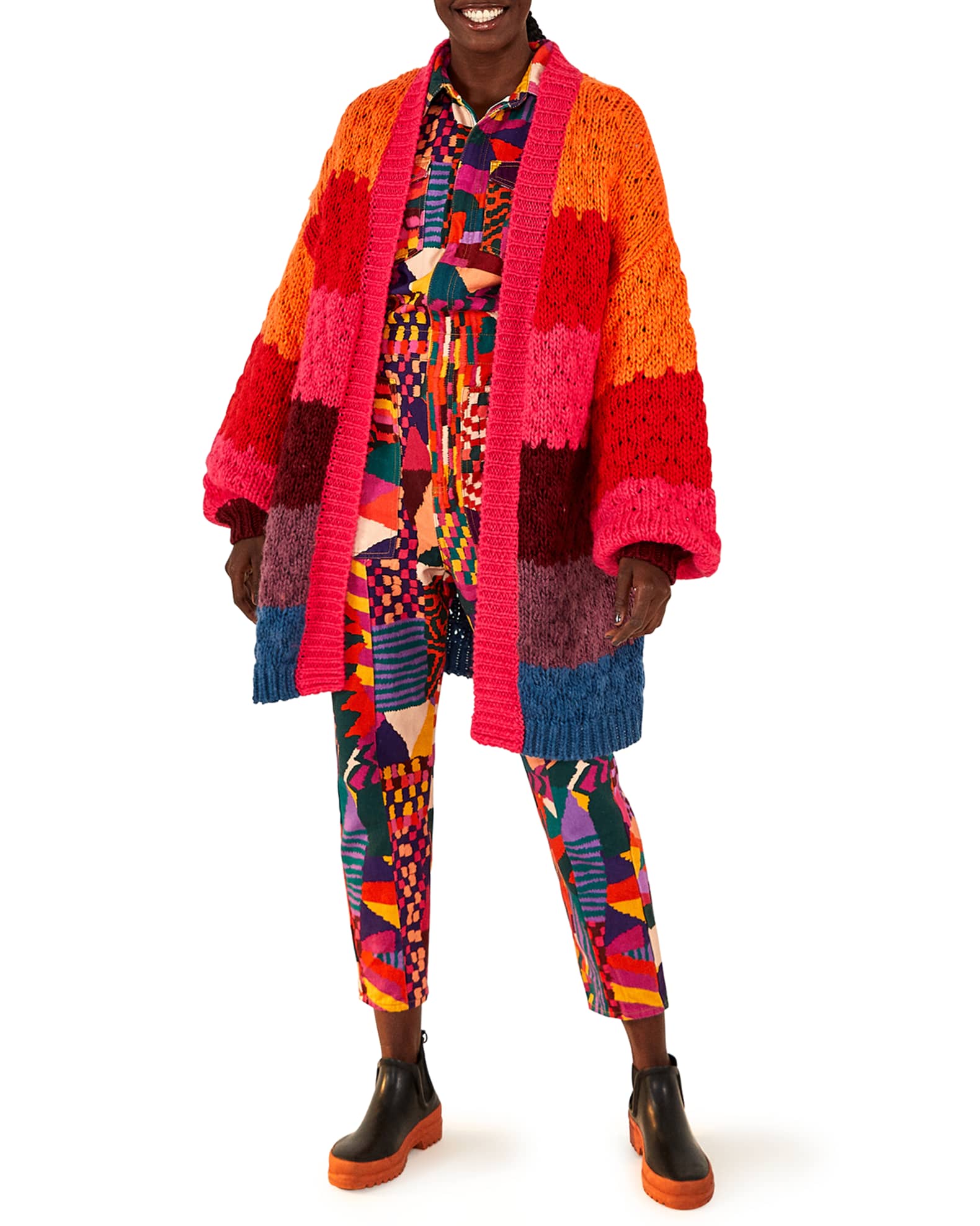 Farm Rio + Block-Striped Open Cardigan