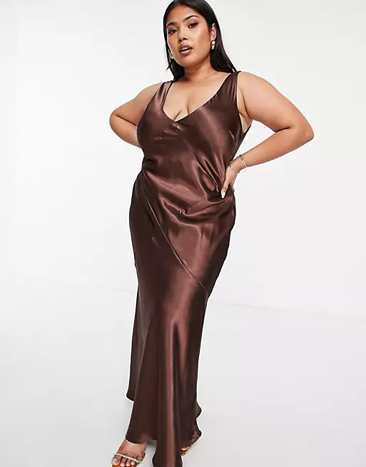 ASOS DESIGN Curve + ASOS DESIGN Curve bias slip midi dress in chocolate ...
