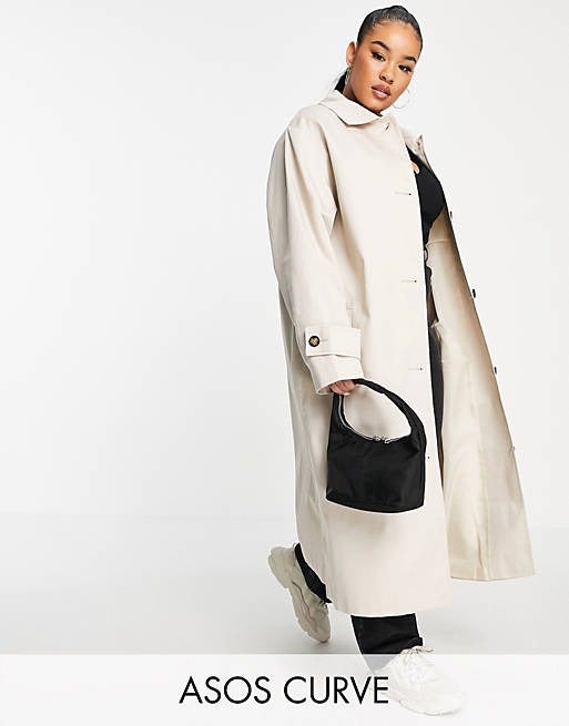 ASOS DESIGN Curve + Longline trench coat in stone