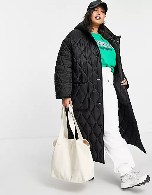 ASOS DESIGN Curve + ASOS DESIGN Curve quilted longline hooded puffer ...