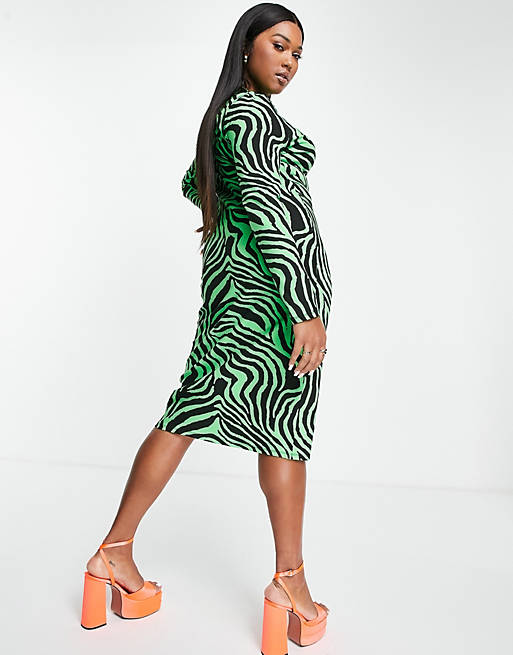 ASOS DESIGN Curve + Bodycon Midi Dress In Green Tiger Print
