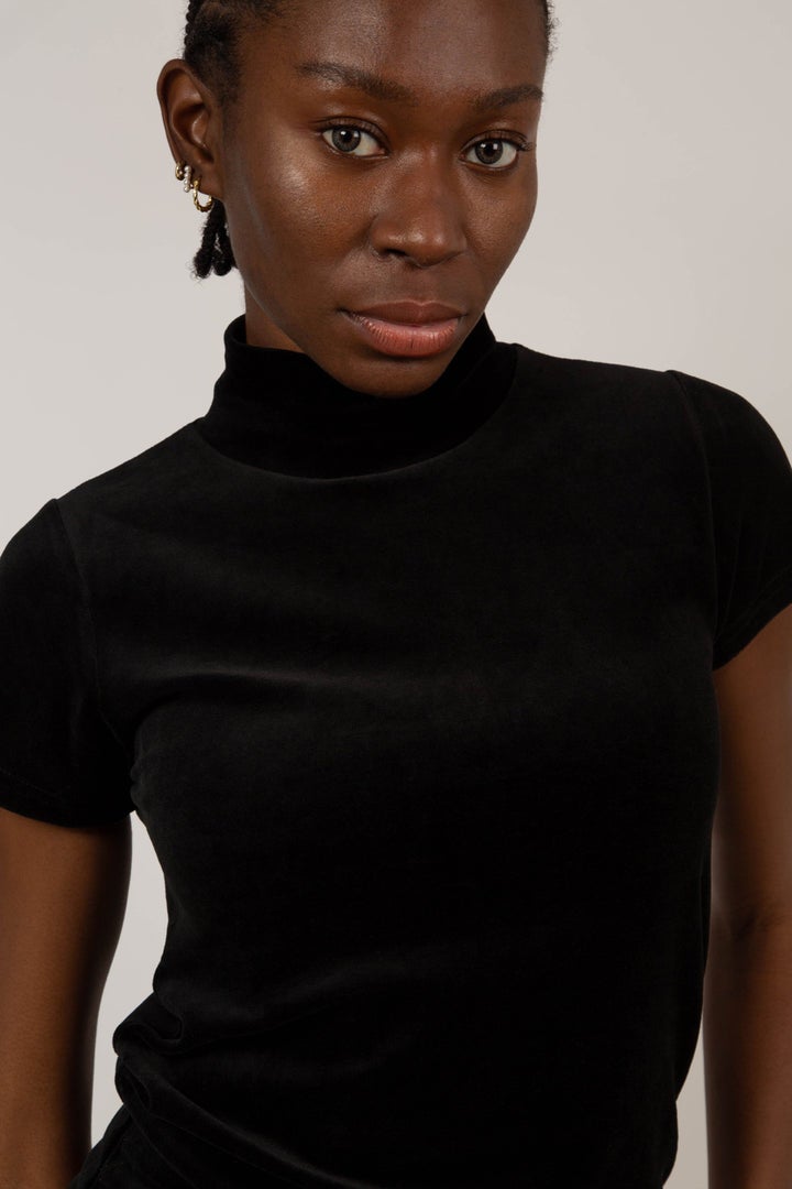 Glassworks London + Black Velvet Short Sleeved Mock Neck Top