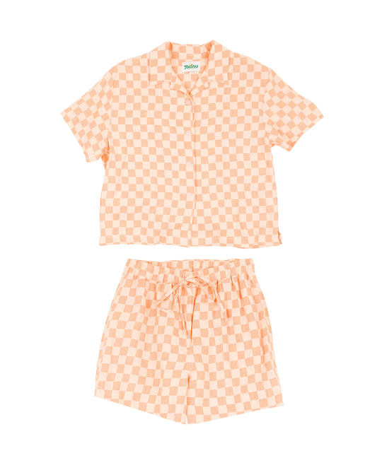 Emma Mulholland on Holiday + Check Peach Pyjama Short Set