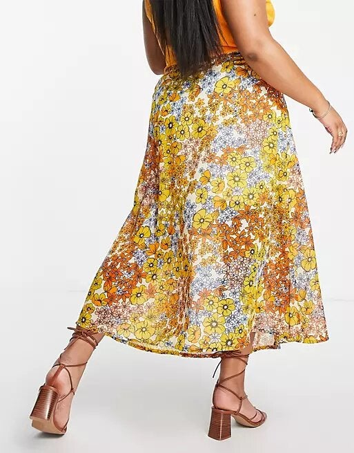 Wednesday’s Girl Curve + Midi Skirt In Orange Floral