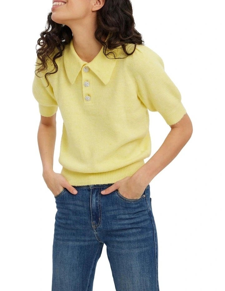 Vero Moda + Lefile Short Sleeve Polo Jewel Pullover Lemon Meringue