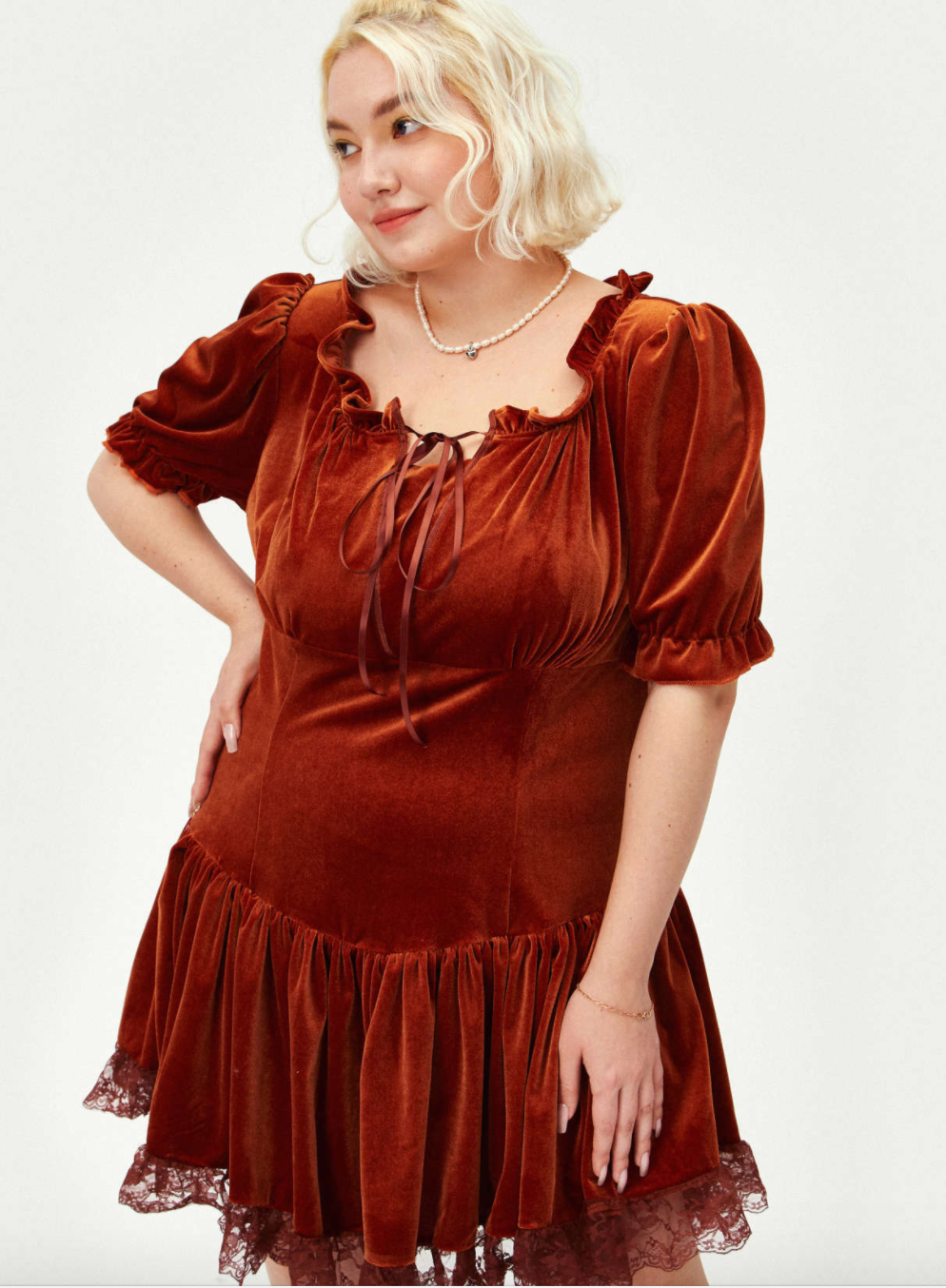 Cider + Curve & Plus Solid Velvet Ruffle Mini Dress