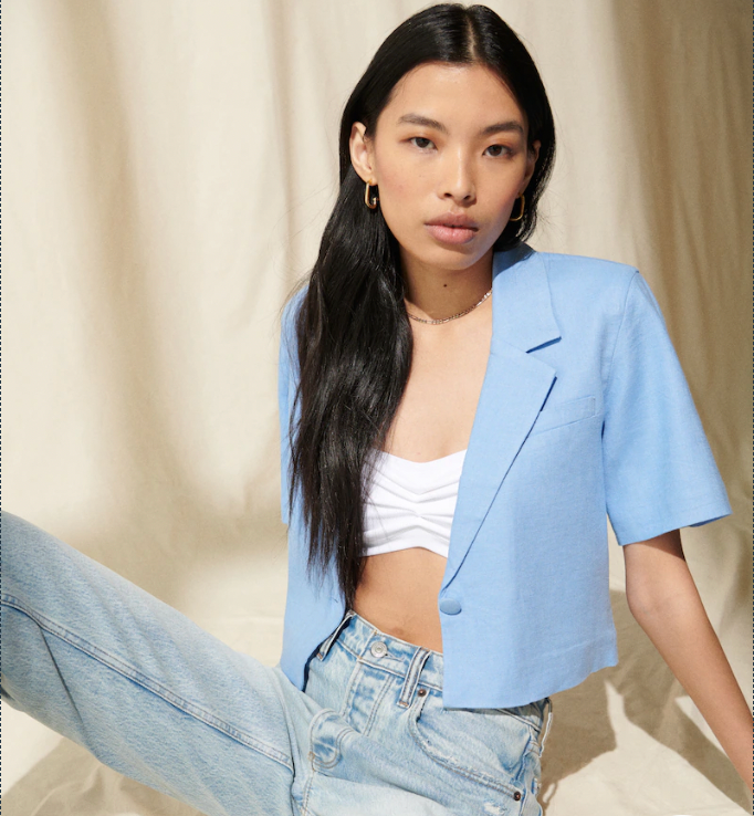 Abercrombie & Fitch + Linen-Blend Short-Sleeve Cropped Blazer