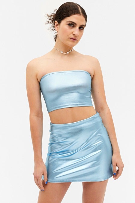 Monki + Blue Metallic Mini Skirt