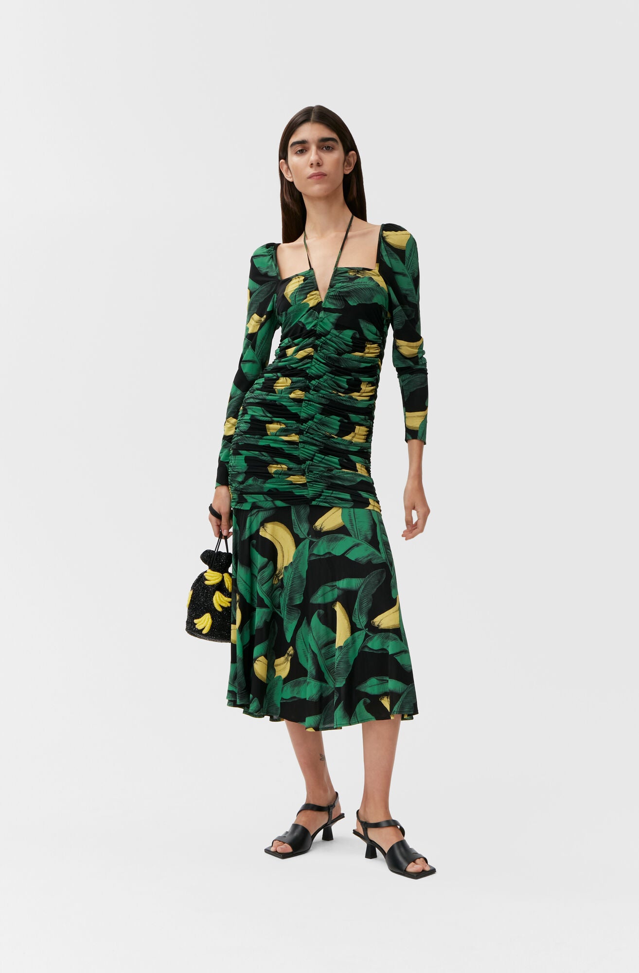 Ganni + Ruched Mesh Midi Dress