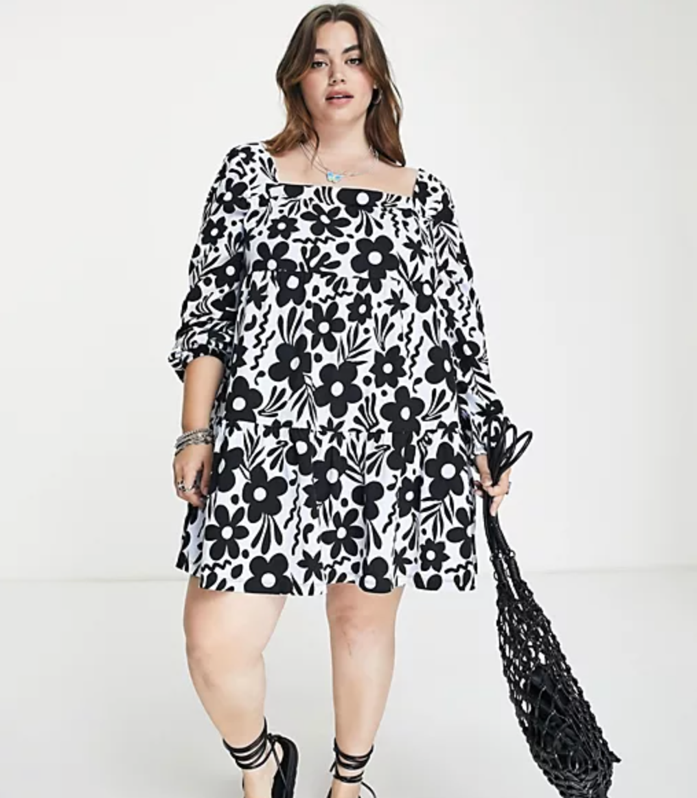 Asos Design Curve Tiered Square Neck Smock Mini Dress In Blue Floral