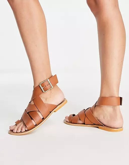 Asos Design Wide Fit Fudge Leather Flat Sandals In Tan