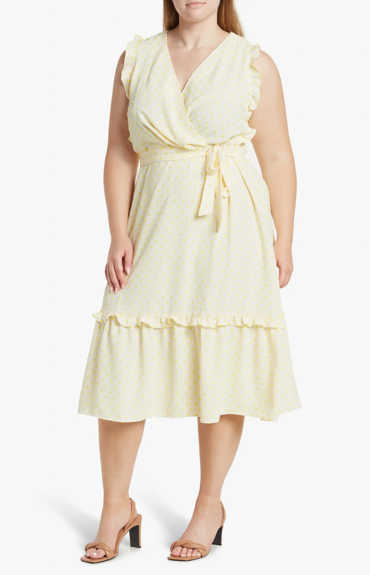 London Times + Ruffled Sleeveless Faux Wrap Dress