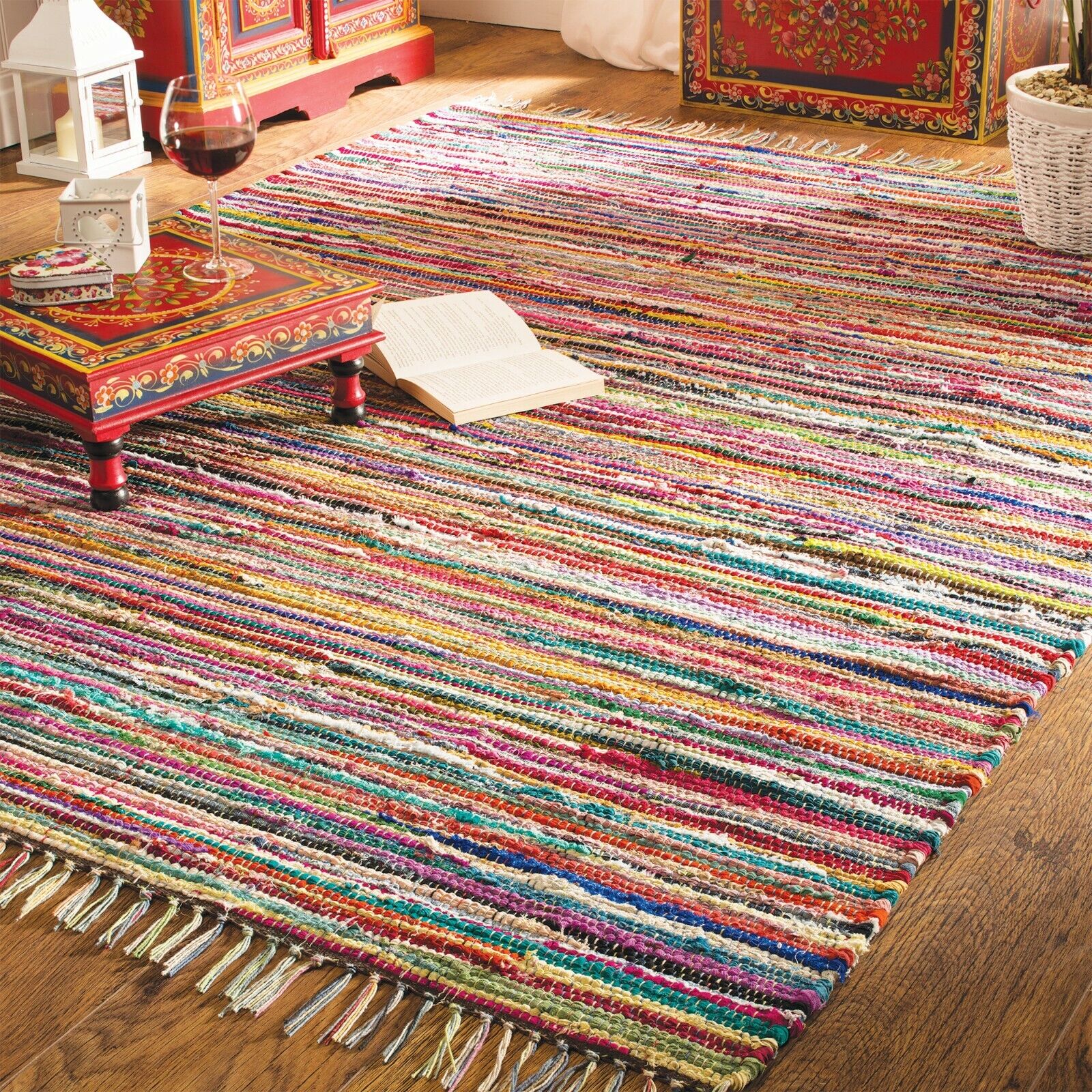 Vibrant India Ltd + Chindi Rag Rug, Recycled Handloom, Multicoloured ...