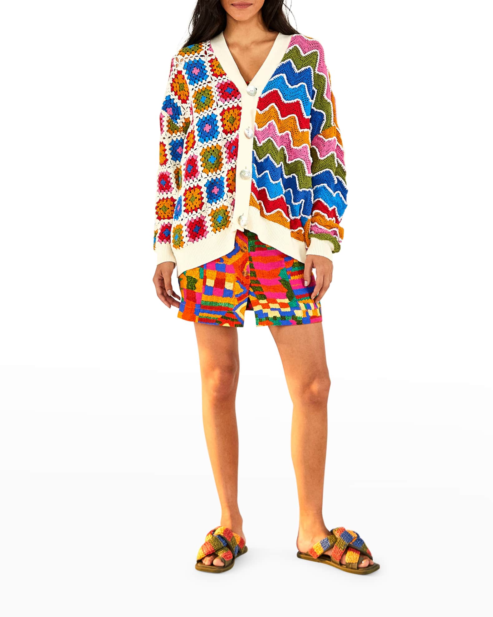 Farm Rio + Mixed Textures Button-Front Crochet Cardigan