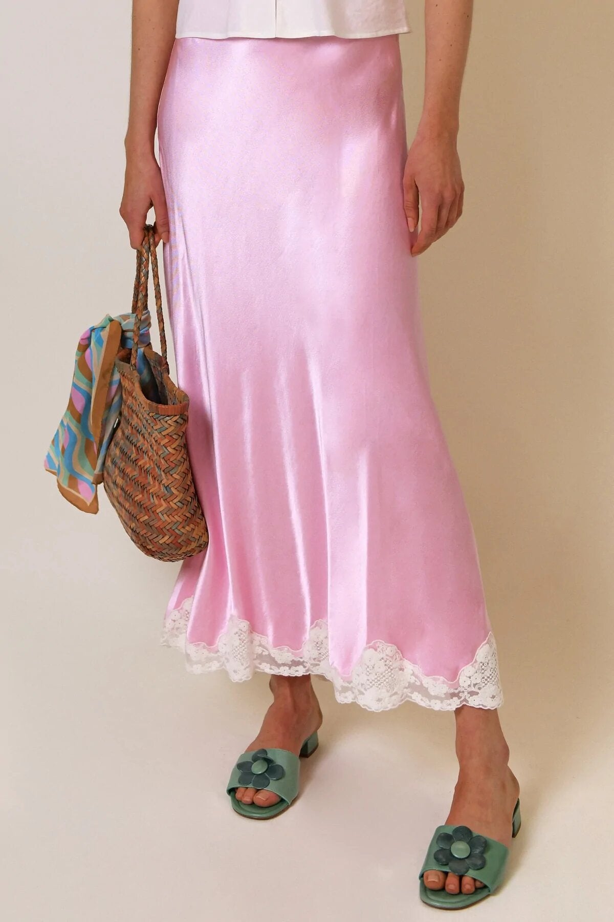 RIXO + Crystal – Pastel Pink Slip Skirt With Lace