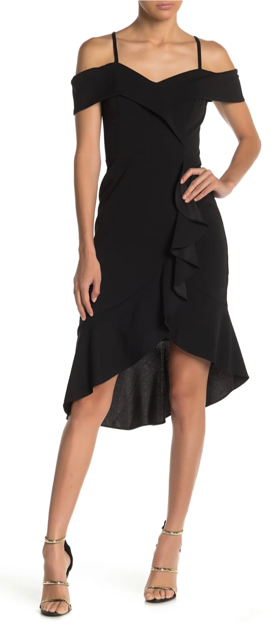 Bebe Cold Shoulder Ruffle Hem Midi Dress