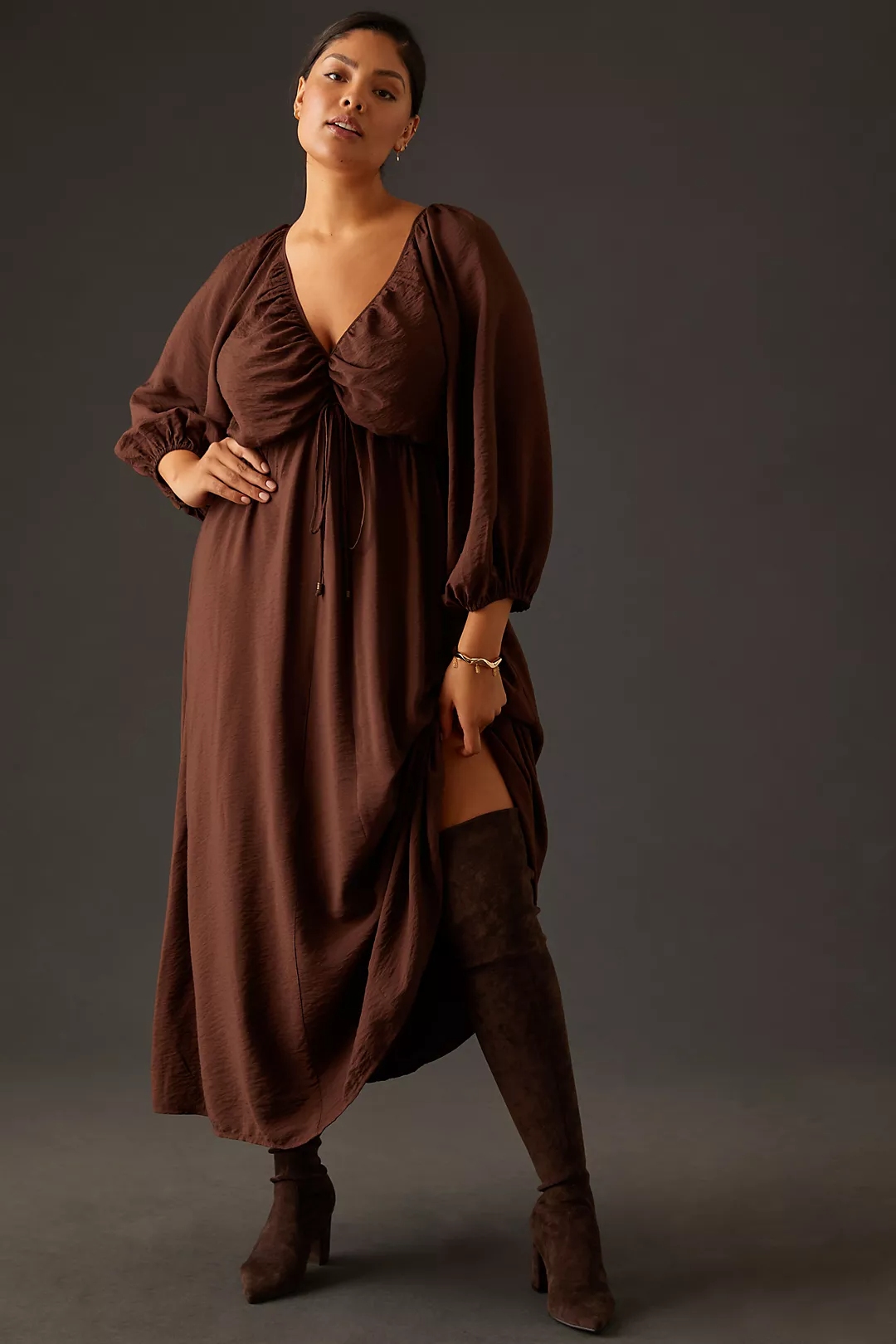 Maeve + Deep-V Ruched Midi Dress