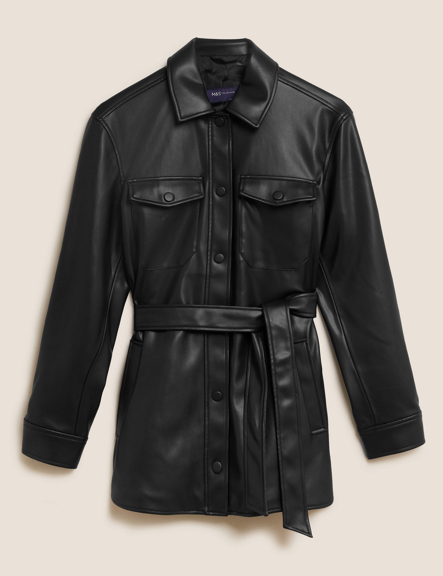 M&S Collection + Faux Leather Belted Collared Shacket