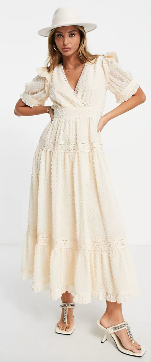 ASOS DESIGN + Wrap Front Lace Insert Textured Midi Tea Dress