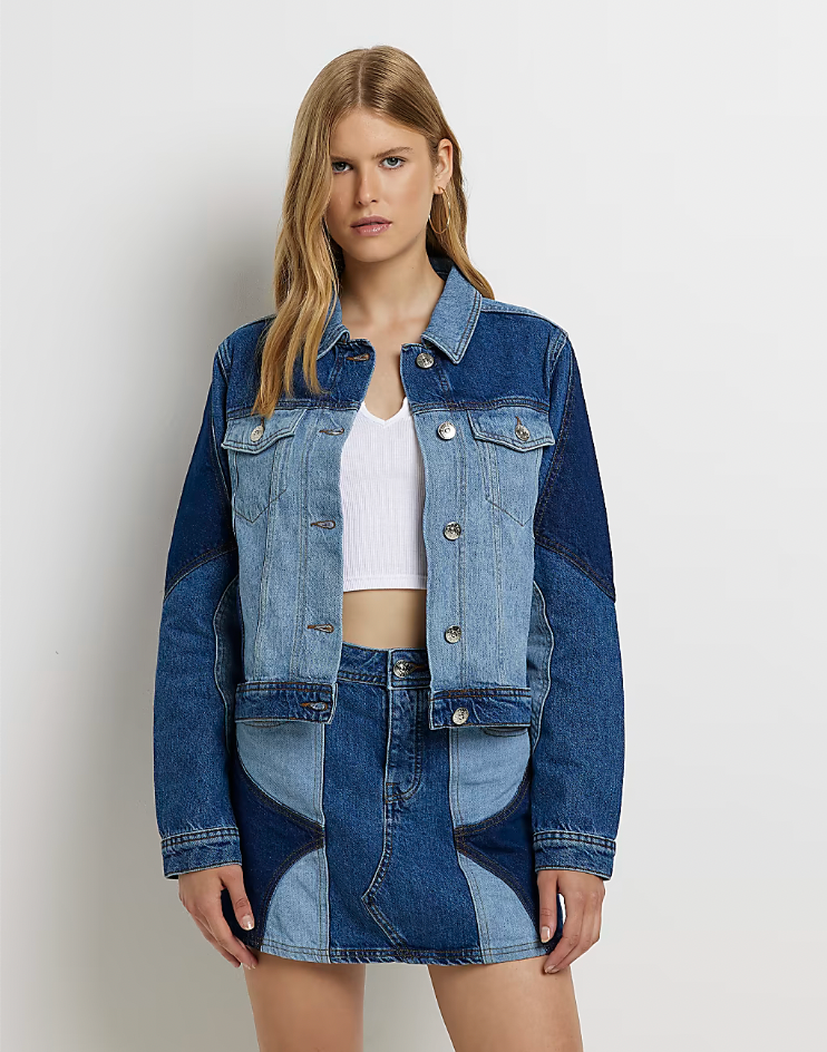 River Island + Blue Patchwork Denim Jacket