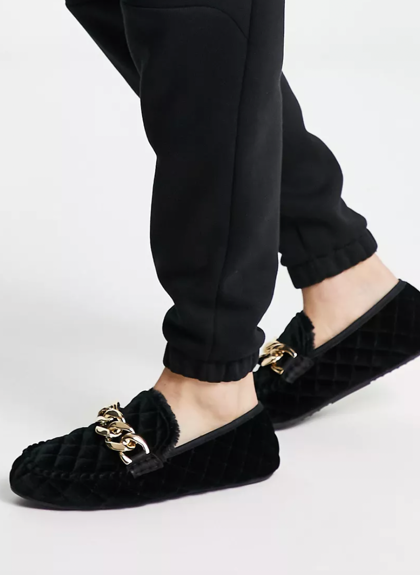 ASOS DESIGN + Moccasin Slippers In Black Quilted Velvet With Gold Hardware