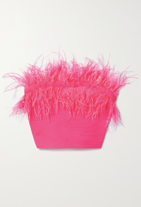 Staud + Nellie strapless cropped feather-trimmed knitted top