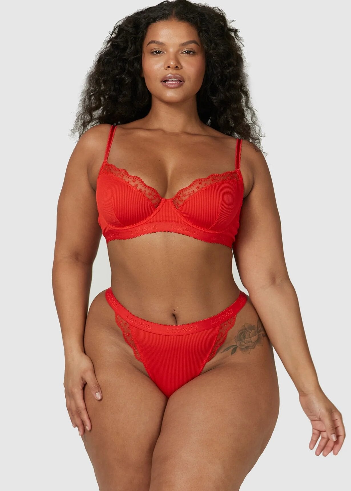 Lounge + Ribbed Balcony Bra & Thong/Briefs Set – Red