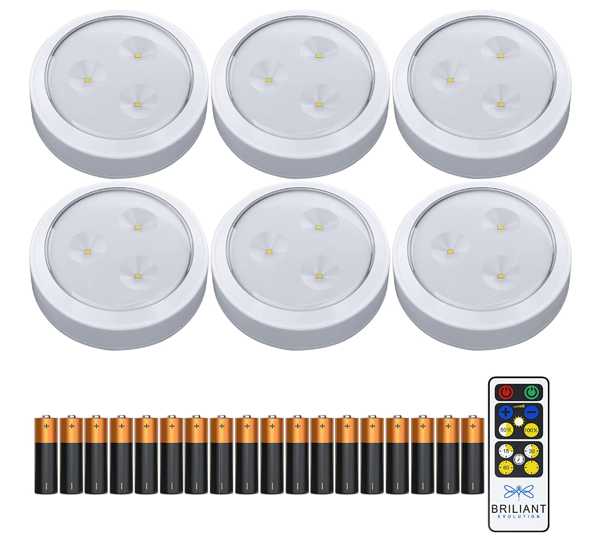 Brilliant Evolution + Stick-On Wireless LED Lights with Remote – 6 Pack