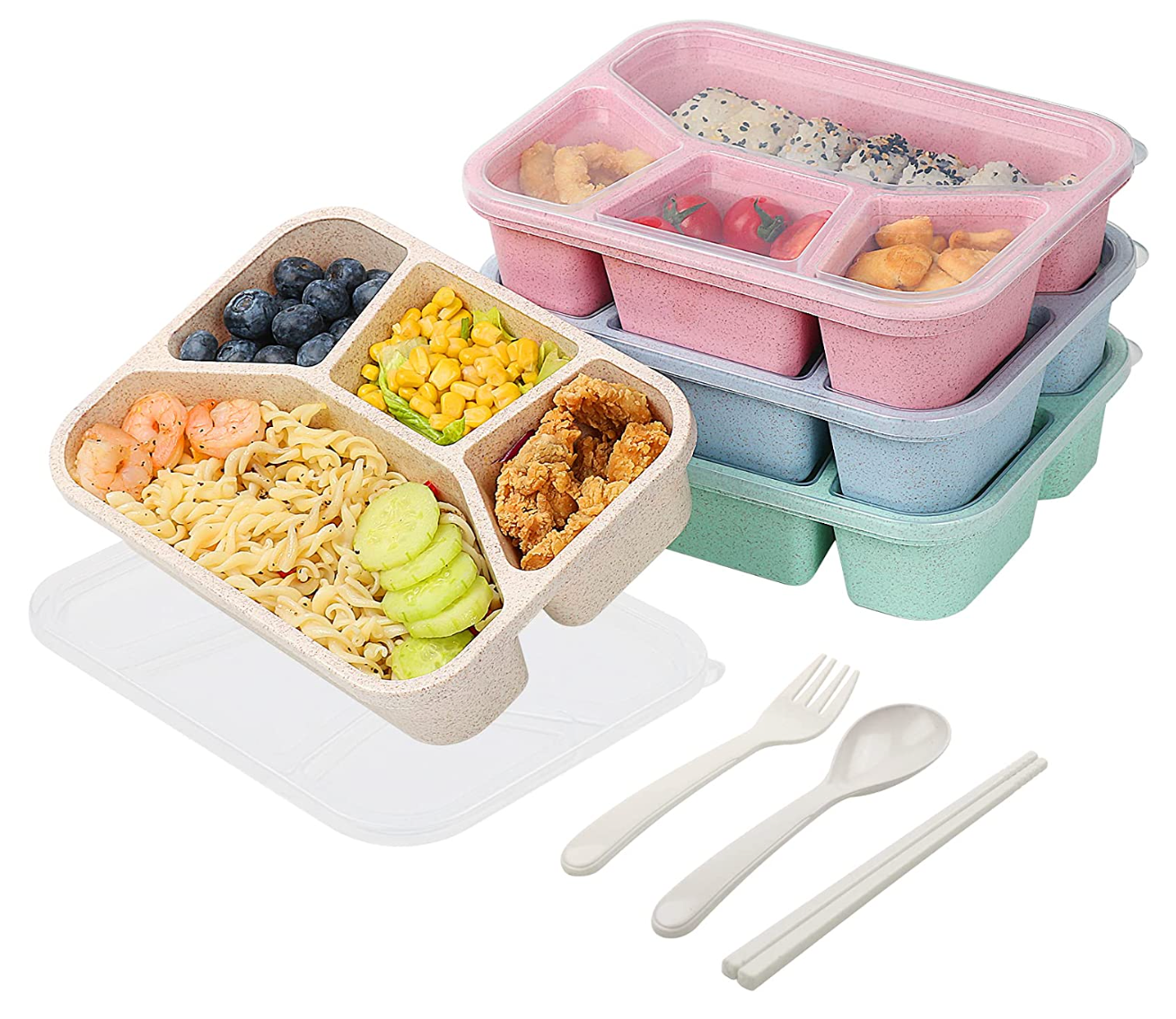 PUiKUS + 4 Compartment BPA-Free Bento Boxes – 4 Pack