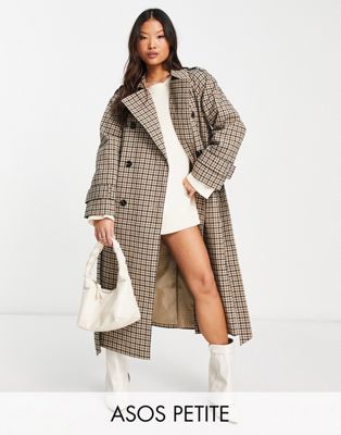ASOS DESIGN Petite + Petite Check Trench Coat In Brown