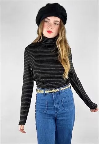The Archive Vintage + 70’s Roll Neck Black Gold Lurex Stripe Skinny Fit ...