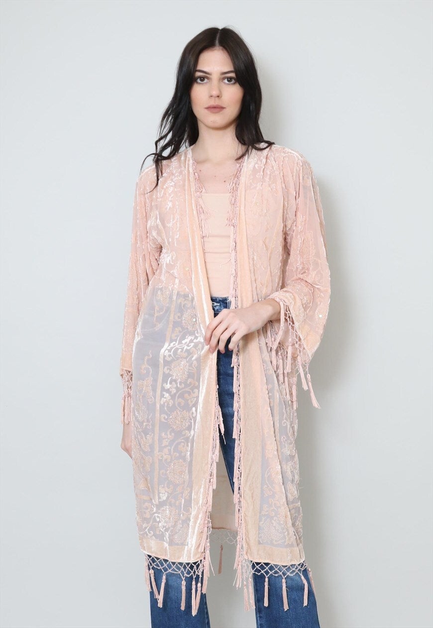 ASOS + Vintage Style New Ladies Long Kimono Burnt Velvet Peach