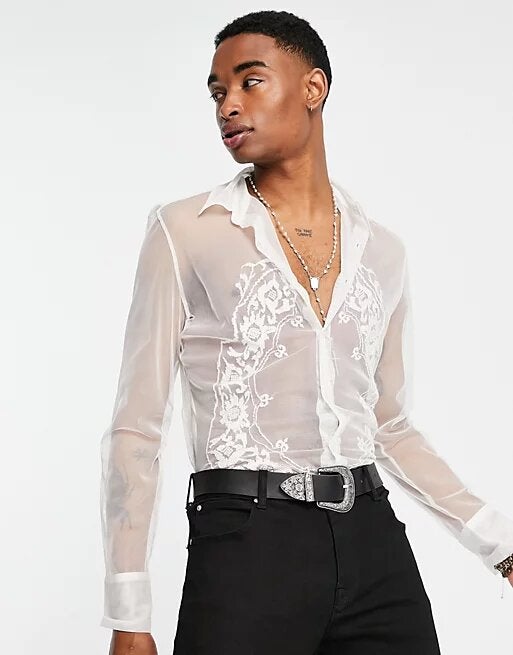 ASOS DESIGN + Skinny Mesh Shirt With Placement Embroidery in White