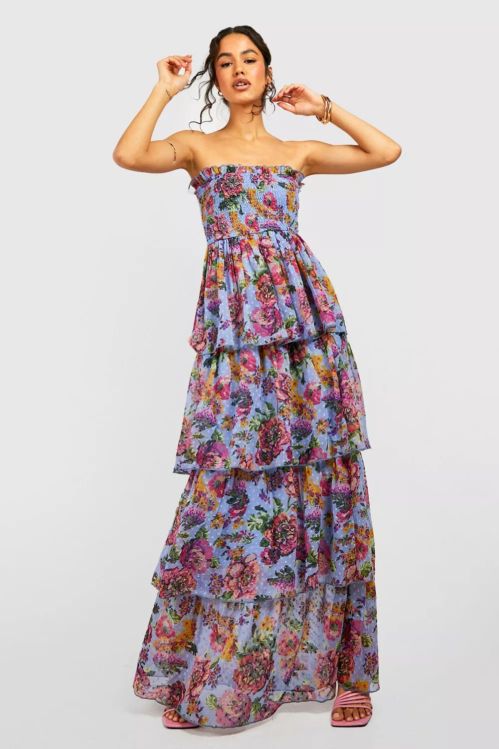 Boohoo Chiffon Floral Bandeau Maxi Dress