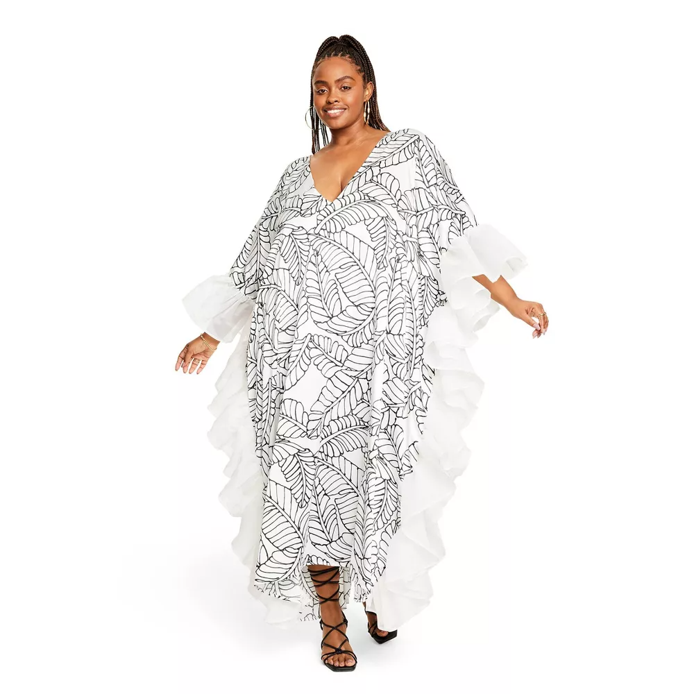 Fe Noel x Target + Sketch Palm Leaf Print Ruffle Trim Cover Up Dress