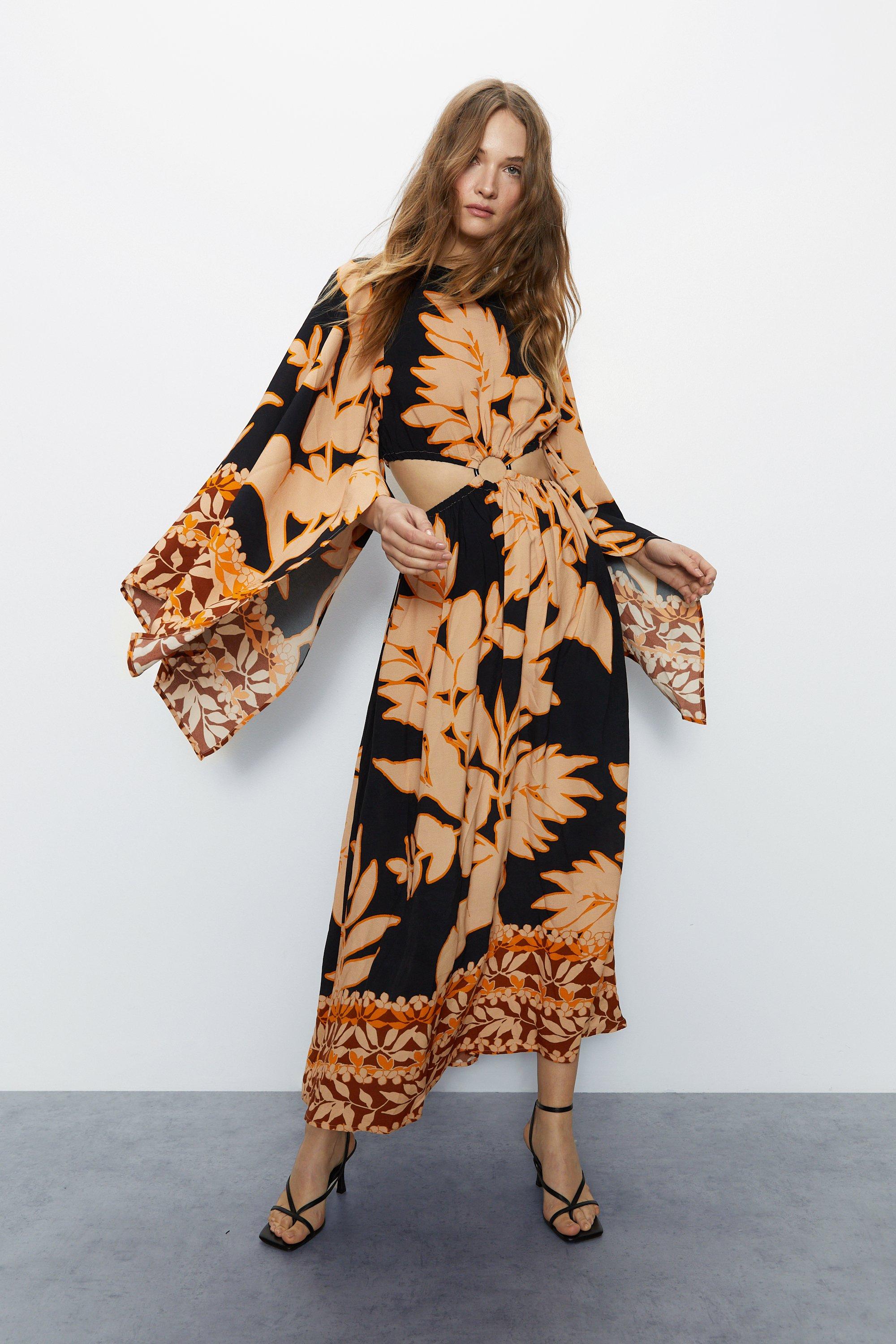 Warehouse Floral Border Print O Ring Fluted Sleeve Maxi Dress