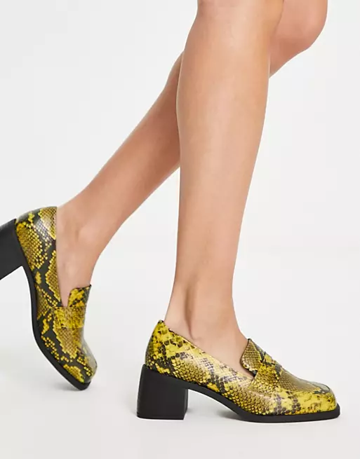 ASOS DESIGN + Stanford Smart Mid Heeled Loafers In Yellow Snake